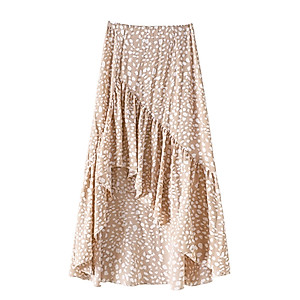 CofeeMO Bravetoshop Womens Boho Floral Print High Waisted Wrap Flowy Midi Skirt Asymmetrical Ruffle Hem Swing A-Line Skirts (Beige,XL)