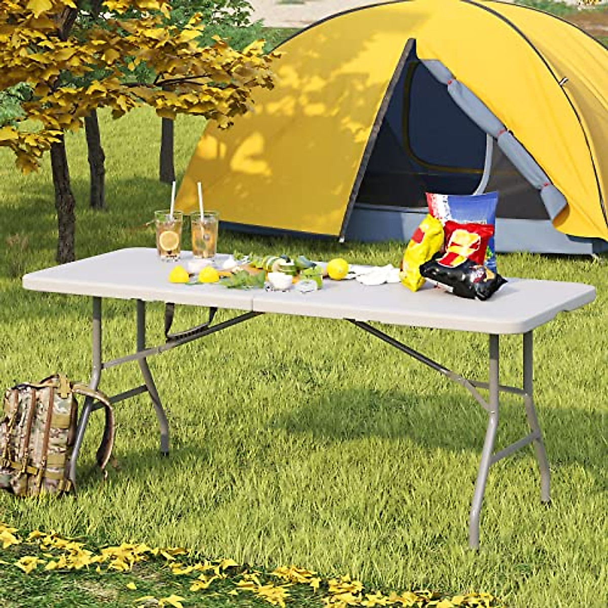 DlandHome Folding Table 6ft, Heavy Duty Plastic Foldable Table with Handle,Plastic Dining Table Indoor Outdoor for Camping, Picnic and Party,Fold-in-Half,White