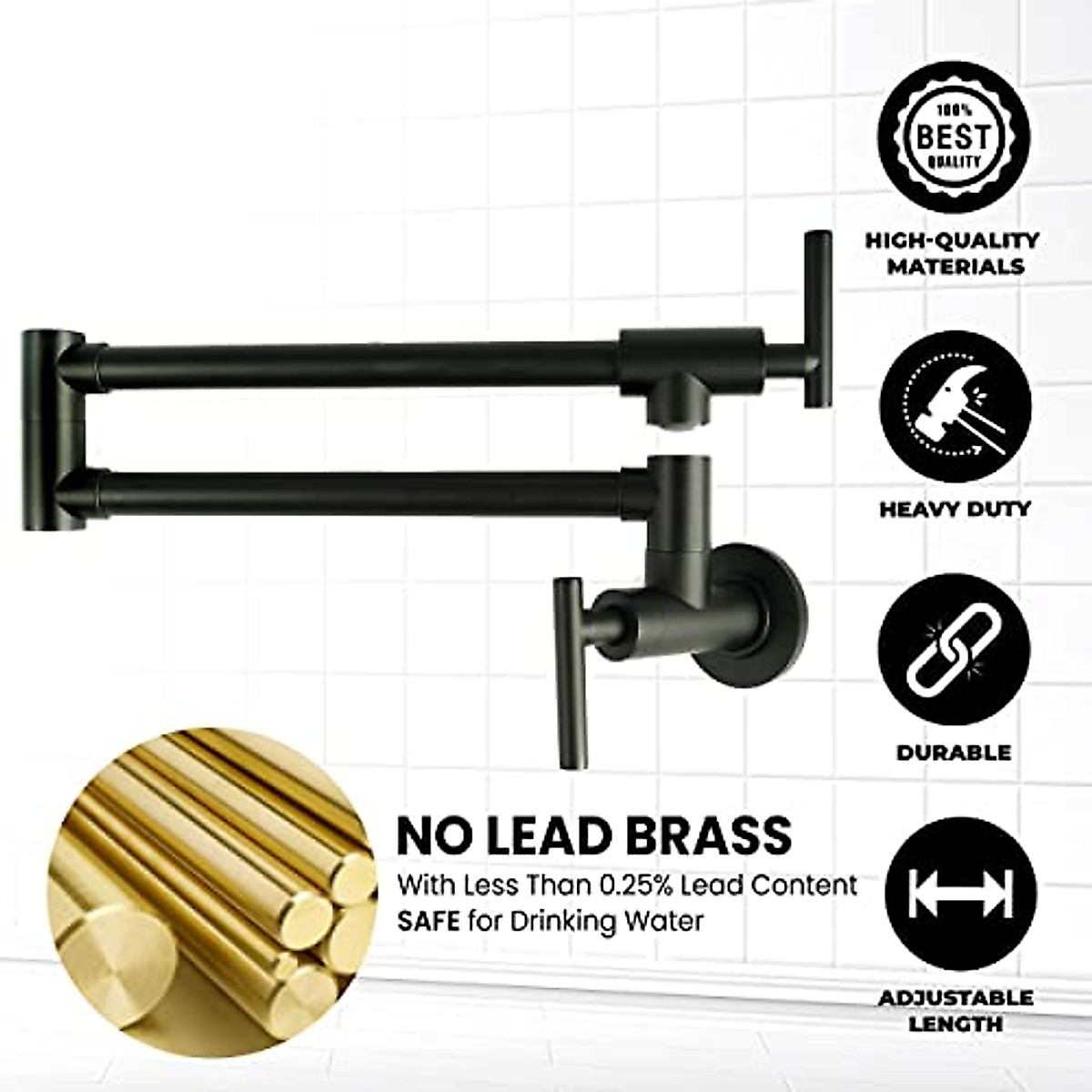 Black Pot Filler Faucet Commercial, Wall Mount Brass Faucet Kitchen Double Joint Spout Swing Arm Folding Stretchable Single Hole Two Handles for Hot or Cold Water