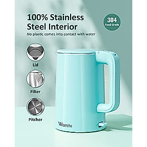 Wamife 1.5L Electric Kettle Water Boiler Stainless Steel Inner 1500W Hot Water Kettle Cool Touch Electric Water Kettle Fast Heating, Blue