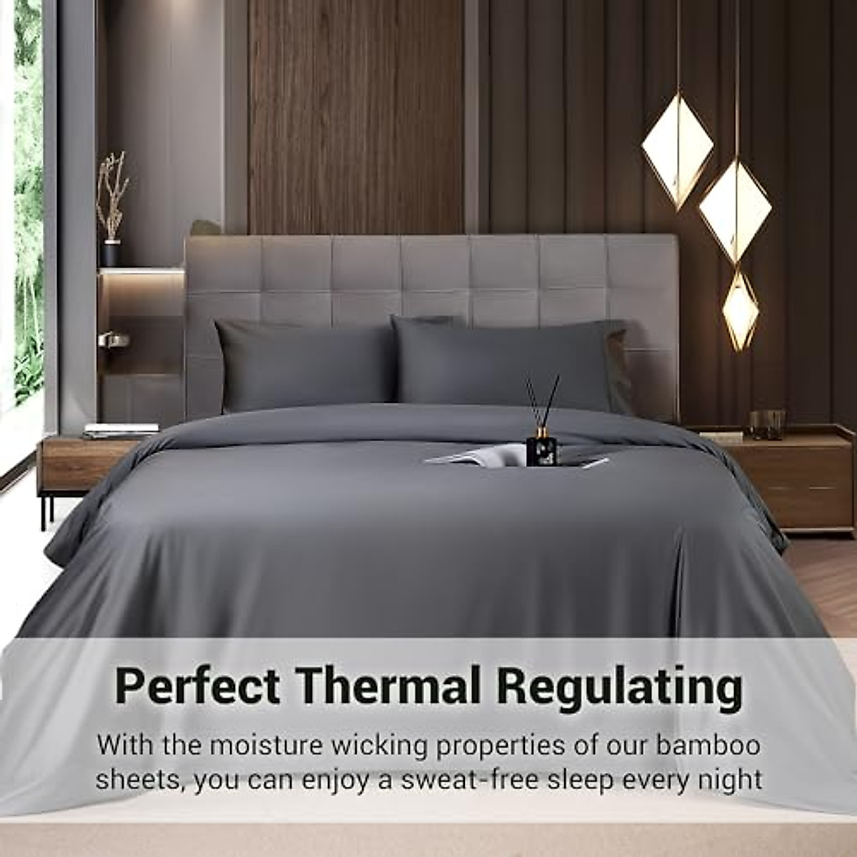 Shilucheng 4-Piece Queen Size Sheets Set，Rayon Derived from Bamboo_，Cooling & Breathable Bed Sheets, Silky Bedding Sheets & Pillowcases, 16 Inch Deep Pockets (Queen,Dark Grey)