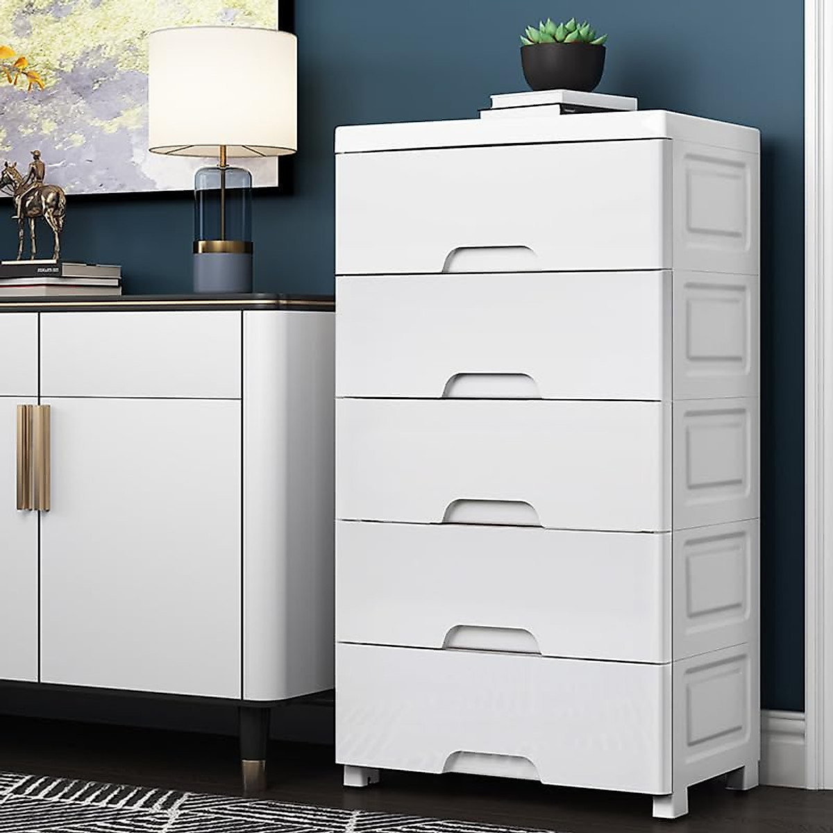 HOLMZCED 5 Tiers Storage Cabinet with Drawers, Stackable Vertical Storage Tower with Removable Wheels Mobile Plastic Storage Organizer Unit with Large Capacity White for Bedroom Living Room Entrance