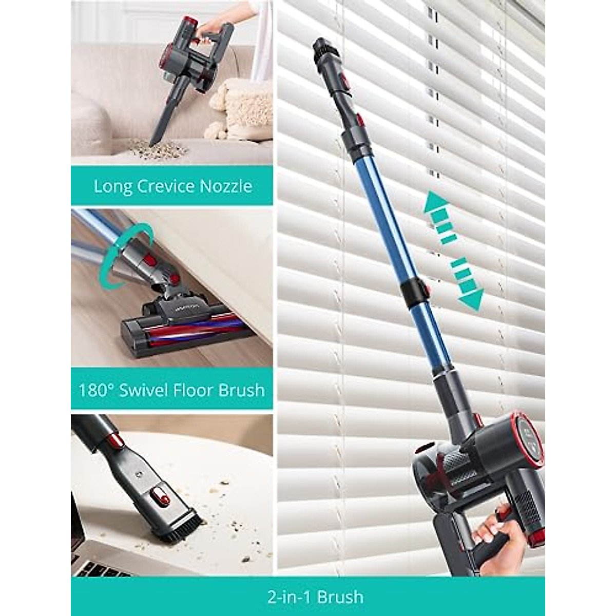 Aspiron Cordless Vacuum Cleaner, Vacuum Cleaners for Home with Large LED Touch Display, Brushless Motor, LED Headlights, Handheld Vacuum for Hard Floors, Carpets, Sofa, Car, Grey