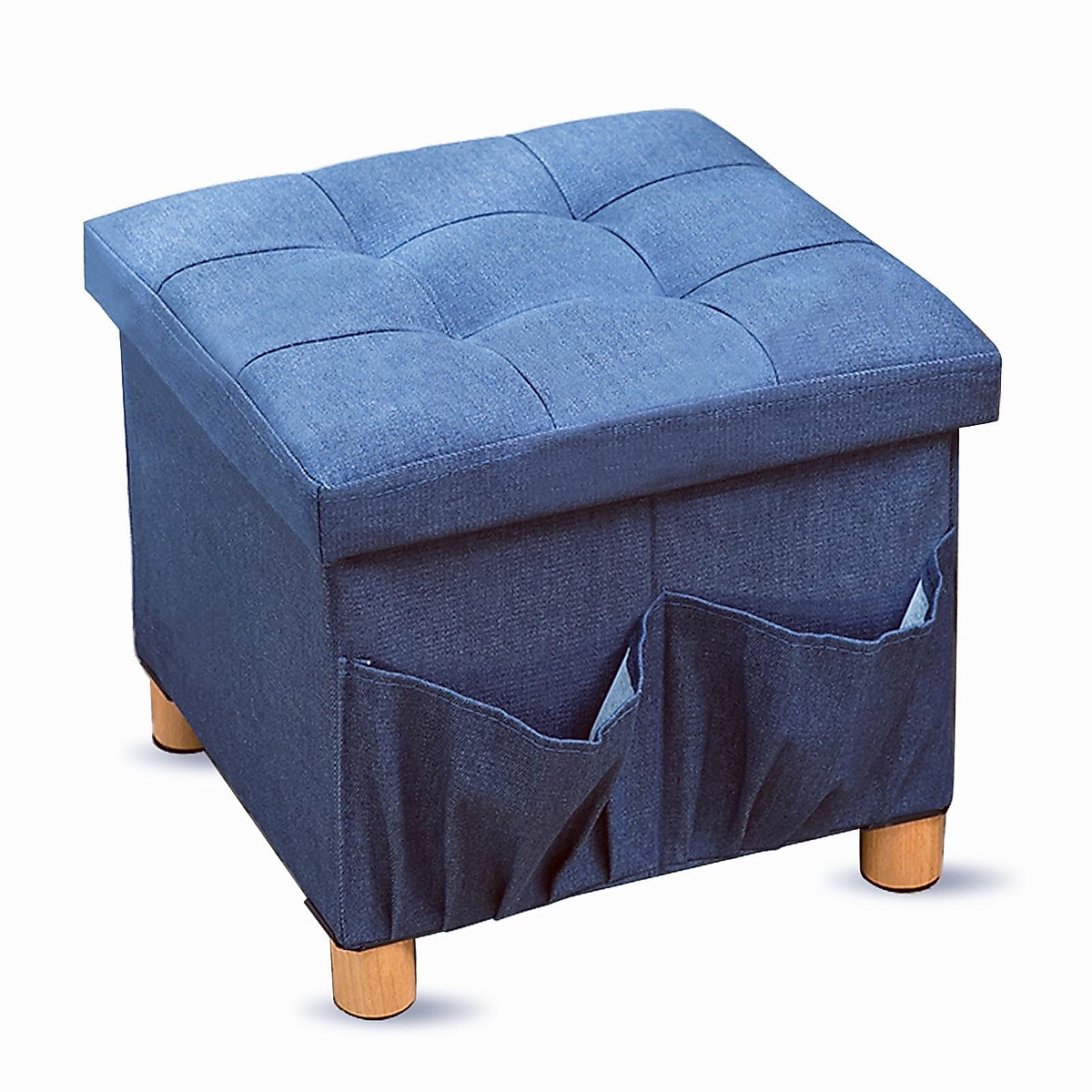 Wamnexti Denim Storage Ottoman Cube with Side Pouch, Foldable Tufted Denim Foot Rest Stool/Seat with Legs, Coffee Table Multipurpose Sofa for Living Room, Bedroom (Navy, 15'')