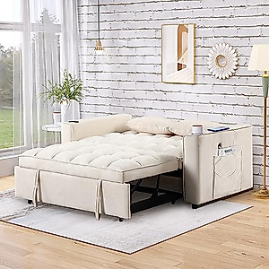 Eafurn Pull Out Sleeper Couch Convertible Futon Loveseat Sofa, 55.3", Beige with Cup Holder and USB Port