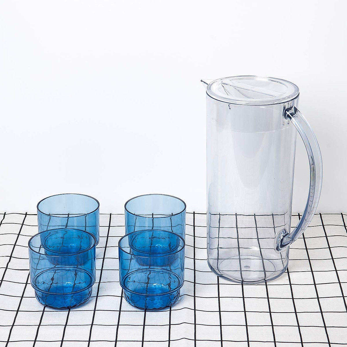 Unbreakable Stackable Plastic 3 QT Clear Pitcher and 4 Blue Tumbler Glasses Drinkware Set (Perfect for Iced Tea, Sangria, Lemonade) Dishwasher safe - top rack only