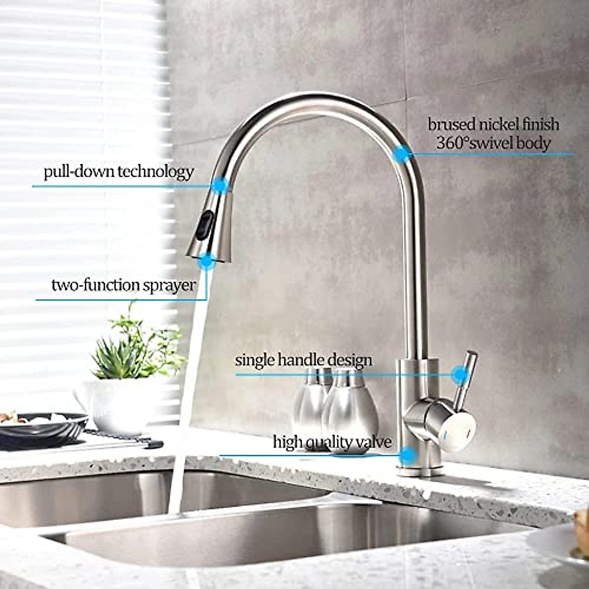 Kitchen Faucet with Pull Down Sprayer Brushed Nickel, High Arc Single Handle Kitchen Sink Faucet Without Deck Plate, Commercial Modern Stainless Steel Kitchen Sink Faucet (Brushed Nickle)
