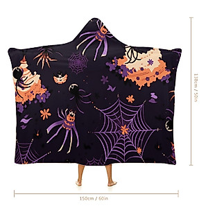 Seamless Pattern Halloween Spider Web Purple Hooded Blanket Happy Halloween Big Hug Fleece Hooded Blanket for Women Men Soft Cozy Blanket Snuggling Sofa Bedding 40"x50" Spring Summer Blanket Hoodie