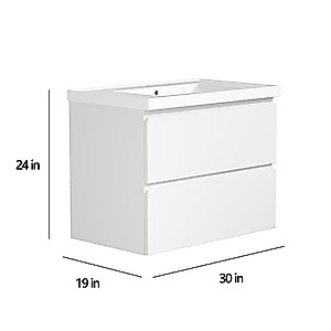 JPND 30" Bathroom Vanity with Sink Combo, Wall Mounted Vanity Base Cabinet with Single Hole Sink and Two Soft Close Drawers, Handle-Free Design, White (Faucet and Drain not Included)