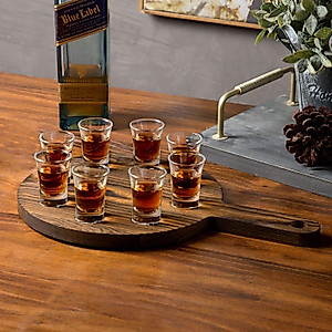 MyGift 9 Piece Shot Glass Set with Burnt Wood Paddle Board Serving Tray, Shooter Shot Glasses and Flight Board