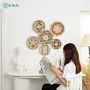 EXA Set of 6 Woven Wall Basket Fire Tribe Decor - Boho Farmhouse Rustic Coastal Room Style - for Thanksgiving Christmas Hanging Wall Art, Gift Idea, Table Settings - Handmade, Round, Natural Seagrass