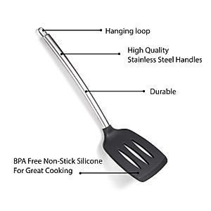 Kitchen Cooking Utensils Set Silicone with Stainless Steel handle Includes Cooking Spoon Spatula Tong Turner Whisk Ladle For Nonstick Cookware Dishwasher Safe BPA-Free