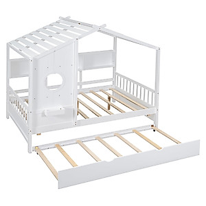 Full Size House Bed with Trundle for Kids,Full Kids Bed Frame with Storage Shelves,Wood House Bed Frame for Girls,Boys,Can be Decorated,White