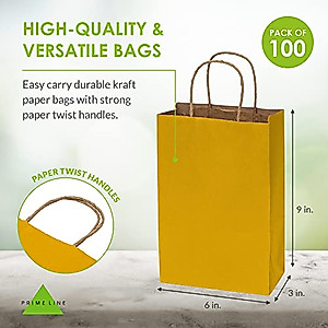 Craft Bags with Handles - 6x3x9 100 Pack Mini Yellow Gift Bag, Kraft Paper Shopping Totes for Small Business, Retail, & Boutique Merchandise, Gift Wrap & Goodie Bags, Wedding Favor Bags, in Bulk