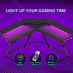 SEVEN WARRIOR L Shaped Gaming Desk with LED Lights & Power Outlets, 50.4” Computer Desk with Monitor Stand & Carbon Fiber Surface, Corner Desk with Cup Holder, Gaming Table with Hooks, Black