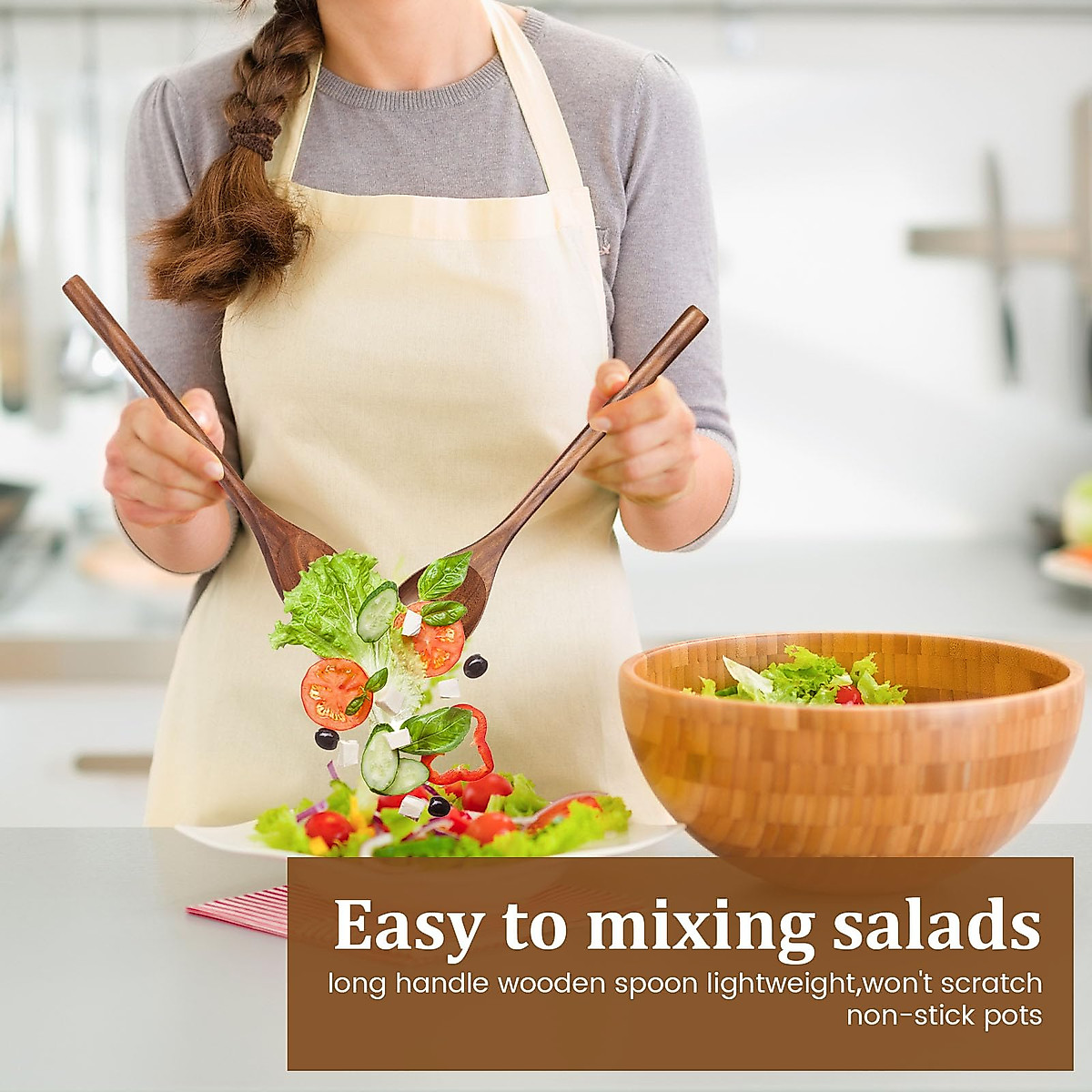 HANSGO 2PCS Wooden Cooking Spoons, Large Wooden Cooking Spoons Wooden Kitchen Utensil for Cooking Serving Mixing