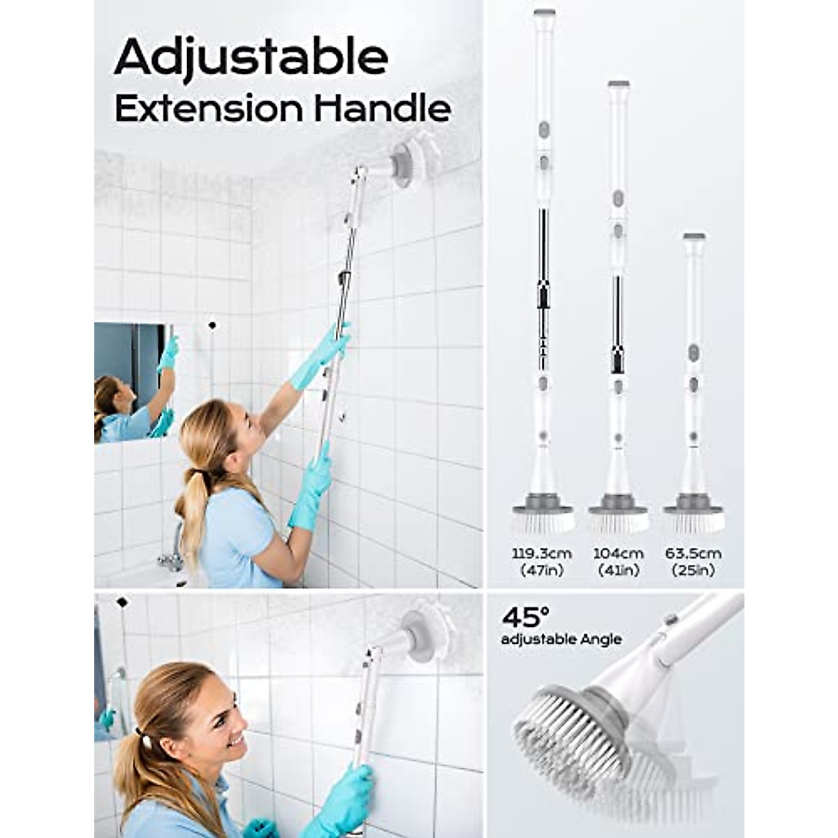 Eletalker Electric Spin Scrubber, 𝟮𝟬𝟮𝟰 𝗡𝗲𝘄 Cordless Cleaning Brush with 2 Adjustable Speeds, Extension Arm and 4 Replaceable Head, Shower Scrubber for Bathtub Tile Sink Bathroom Kitchen Grout