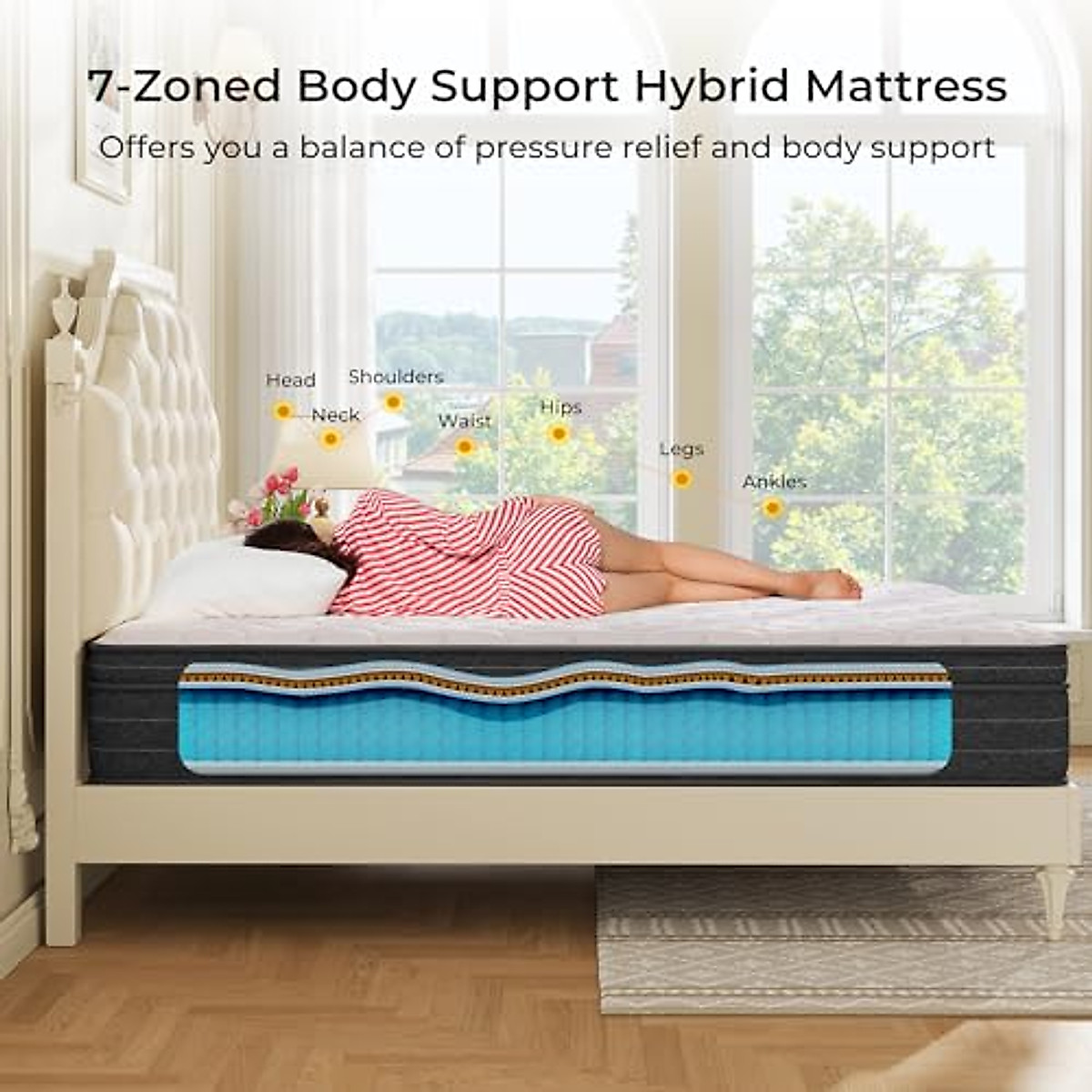 koorlian Queen Size Mattress, 12 Inch Hybrid Queen Mattress in a Box, 3 Layer Premium Foam with Pocket Springs for Motion Isolation and Pressure Relieving, Medium Firm Feel, 120-Night Trial