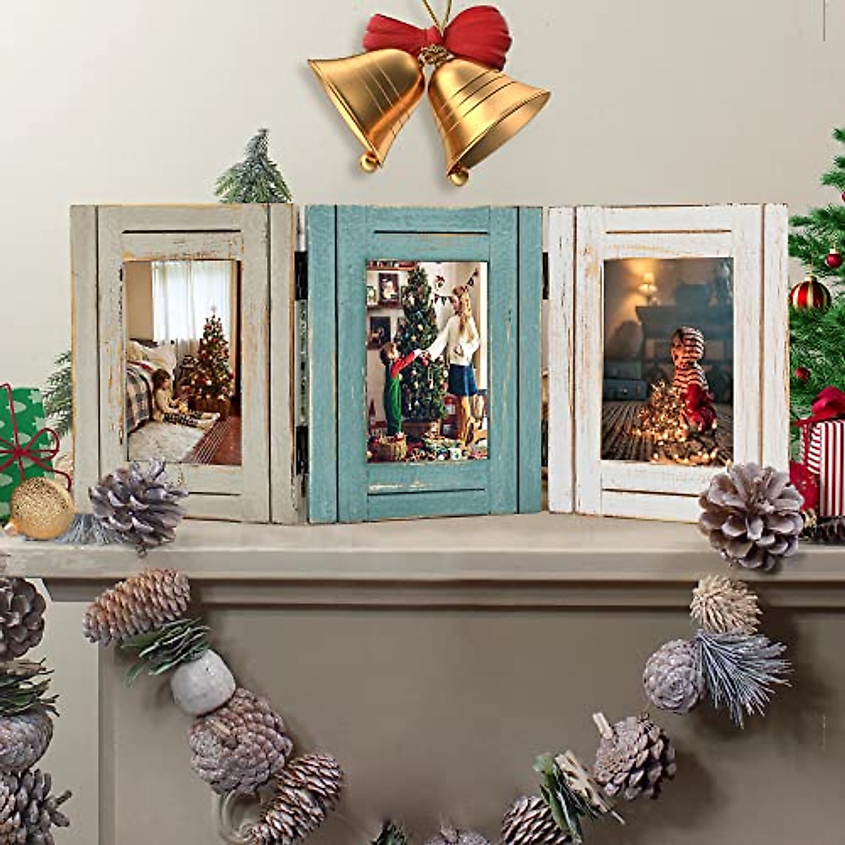 Rustic Trifold Picture Frame 3 Folding 4X6 Hinged Triple Distressed Photo Frame for Home Office Desk, Gift for Halloween, Thanks Giving Day, Christmas, New Year, Birthday, Anniversary, Mother's Day