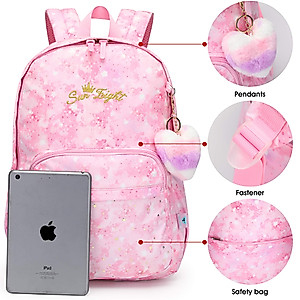 Caran·Y Girls Backpack for Kid in Waterproof Elementary Large space Love decoration Starry Pattern School Bookbag Boys Girls Fit Over 6 Years Old Girls Book Bag（Pink）