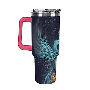 40 Oz Vacuum Tumbler with Light Rose Red Handle Leakproof Insulated Tumbler Fire And Water Phoenix Stainless Steel Travel Mug with Lid And Straw Coffee Cup Cute Water Bottles Cup Holder Friendly