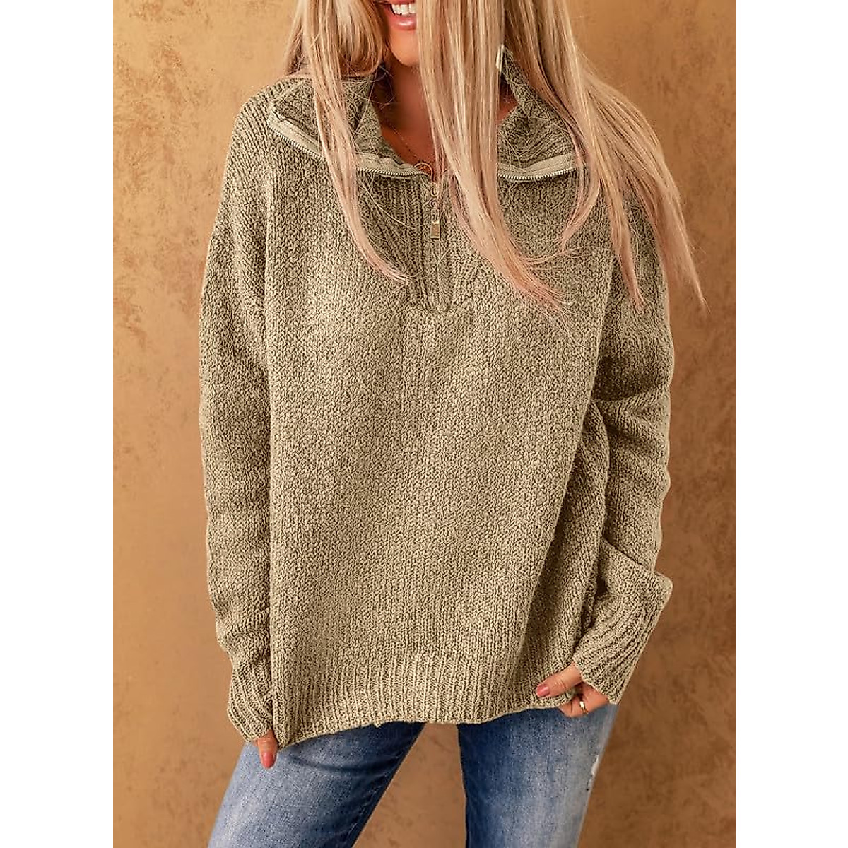 Dokotoo Oversized Quarter Zip Pullover Sweaters for Women Cute Waffle Knit Oversized Fall Winter Outfits Jumpers TopFashion V Neck Long Sleeve Warm Cozy Polo Ladies Khaki Sweater X-Large