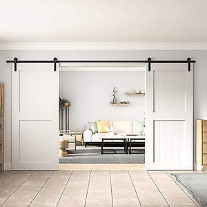 WINSOON Sliding Barn Door Hardware Double Door 12ft Track Kit with Set of 2 Pcs Black Painted Solid Steel Gate Handle Kit