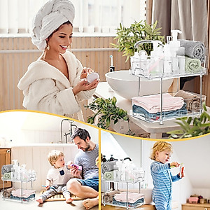 Leinuosen 4 Pcs 2 Tier Pull out Bathroom Organizers Storage with 4 Dividers, Clear Kitchen Under Sink Organization Slide out Cabinet Drawer Closet for Pantry, Vanity Counter, Counter, Medicine Bin