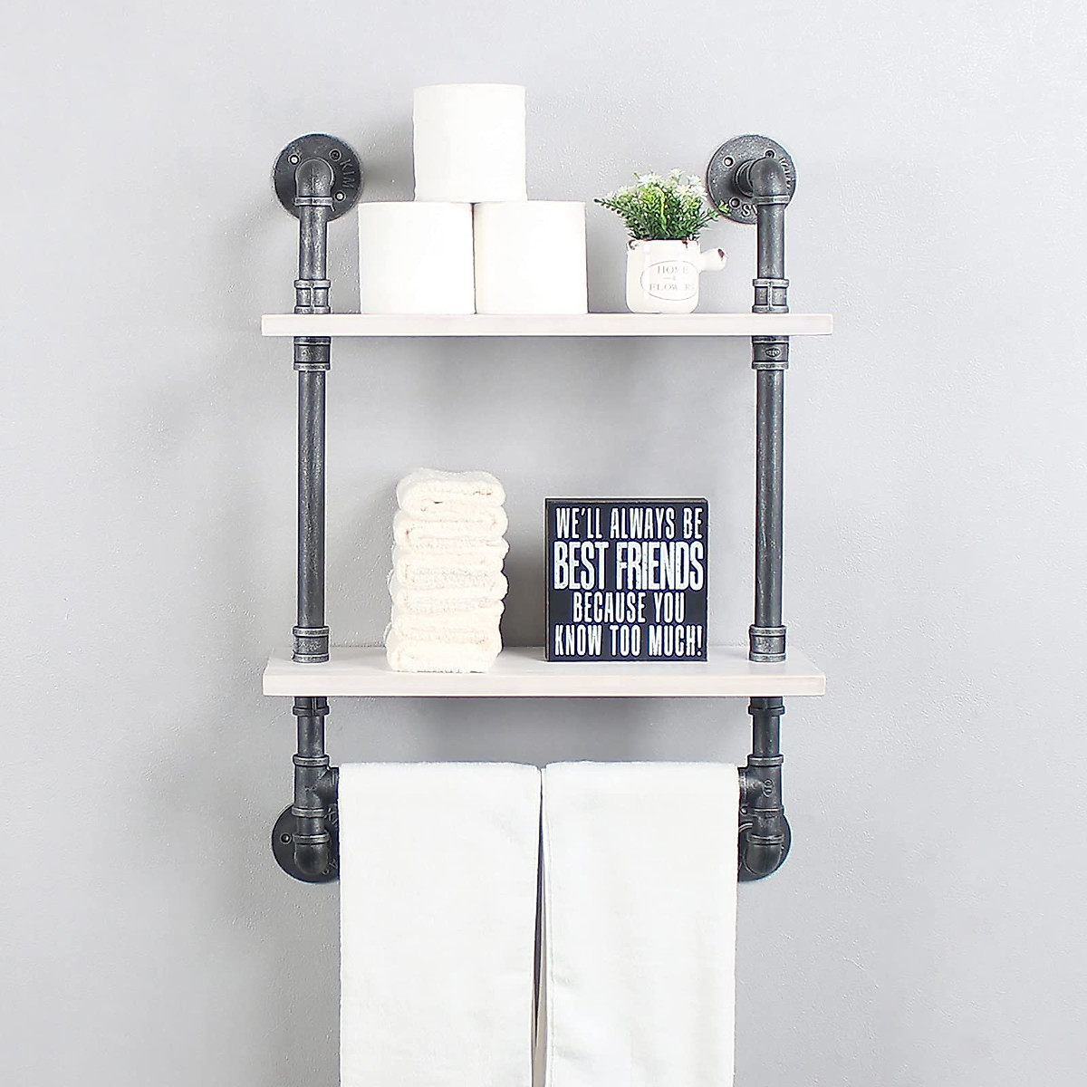 Industrial Pipe Shelf Bathroom Shelves Wall Mounted,19.6in Rustic Wood Shelf with Towel Bar,2 Tier Farmhouse Towel Rack Over Toilet,Pipe Shelving Floating Shelves Towel Holder,Retro White