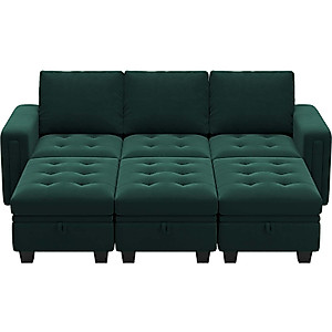 Belffin Green Velvet L-Shape Modular Convertible Sofa Bed with Storage, 83.4x62.2x35.8 inches, 6 Pieces, Medium Firmness