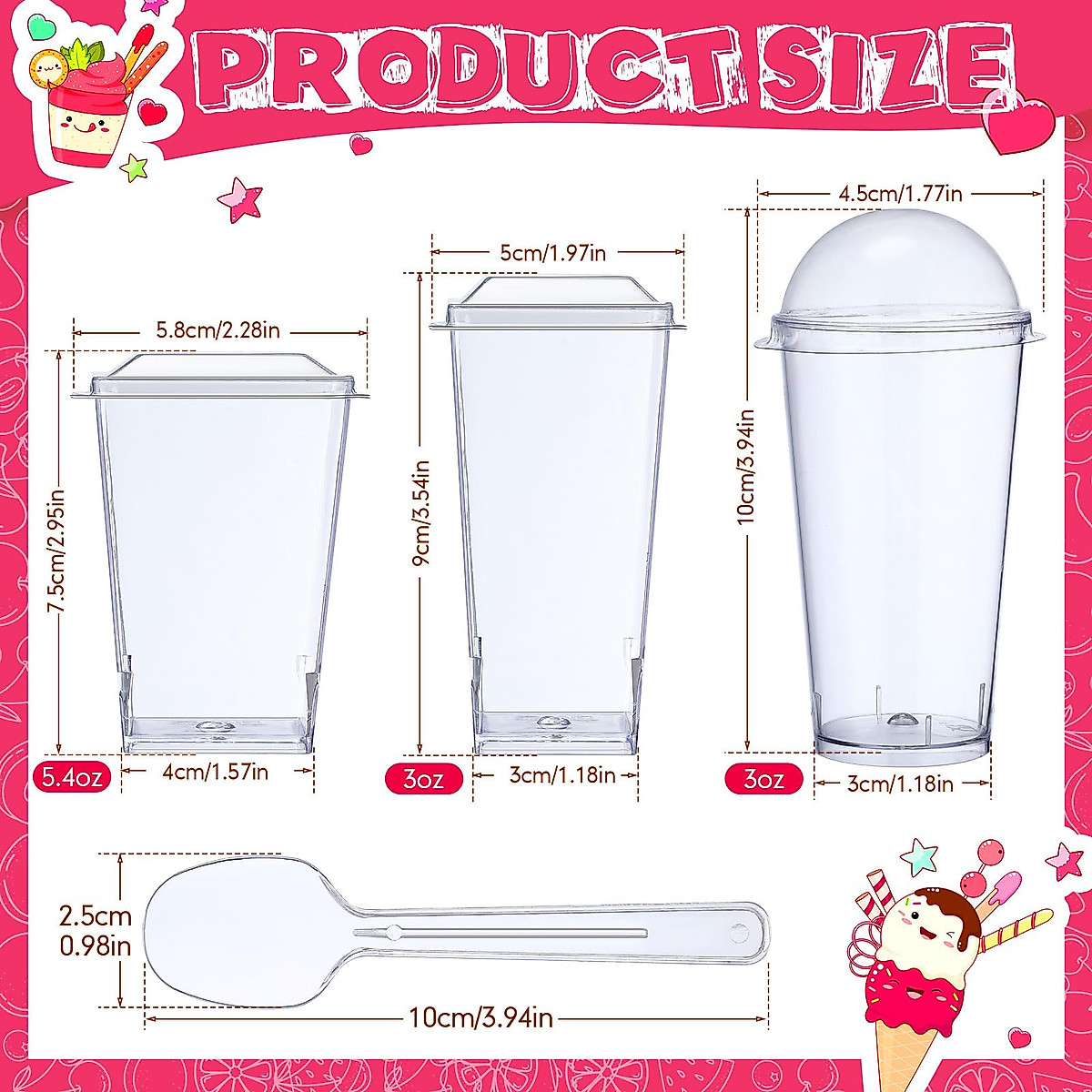 Jerify 150 Pack Plastic Dessert Cups with Lids and Spoons 3 oz Mini Dessert Cups with Spoons 5.4 oz Square Clear Dessert Shooter Cups Parfait Appetizer Cups Disposable Small Mousse Container for Party