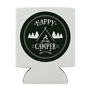 Happy Camper with Campfire Can Cooler - Drink Sleeve Hugger Collapsible Insulator - Beverage Insulated Holder