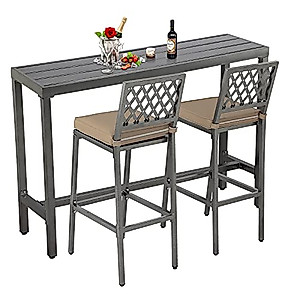 ONLYCTR Outdoor Bar Chairs and Table, Metal Outdoor Bar Set, 3 Piece Patio Bar Table Set with Bar Stools & Cushions for Backyard, Porch, Bistro, Balcony (Gray, 55" Table, 2 X-Back stools)