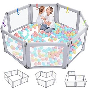 Dripex Foldable Baby Playpen, 71"×69" Play Pens for Babies and Toddlers, Safe Anti-Fall Play Yard with Gates, Baby Fence with Breathable Mesh, Indoor & Outdoor Kids Activity Center, Ash Grey