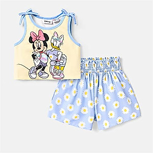 Disney Mickey and Friends Toddler Girl 2 Piece Outfits Set Sleeveless Tank Top and Shorts Set Light Blue 4-5 Years