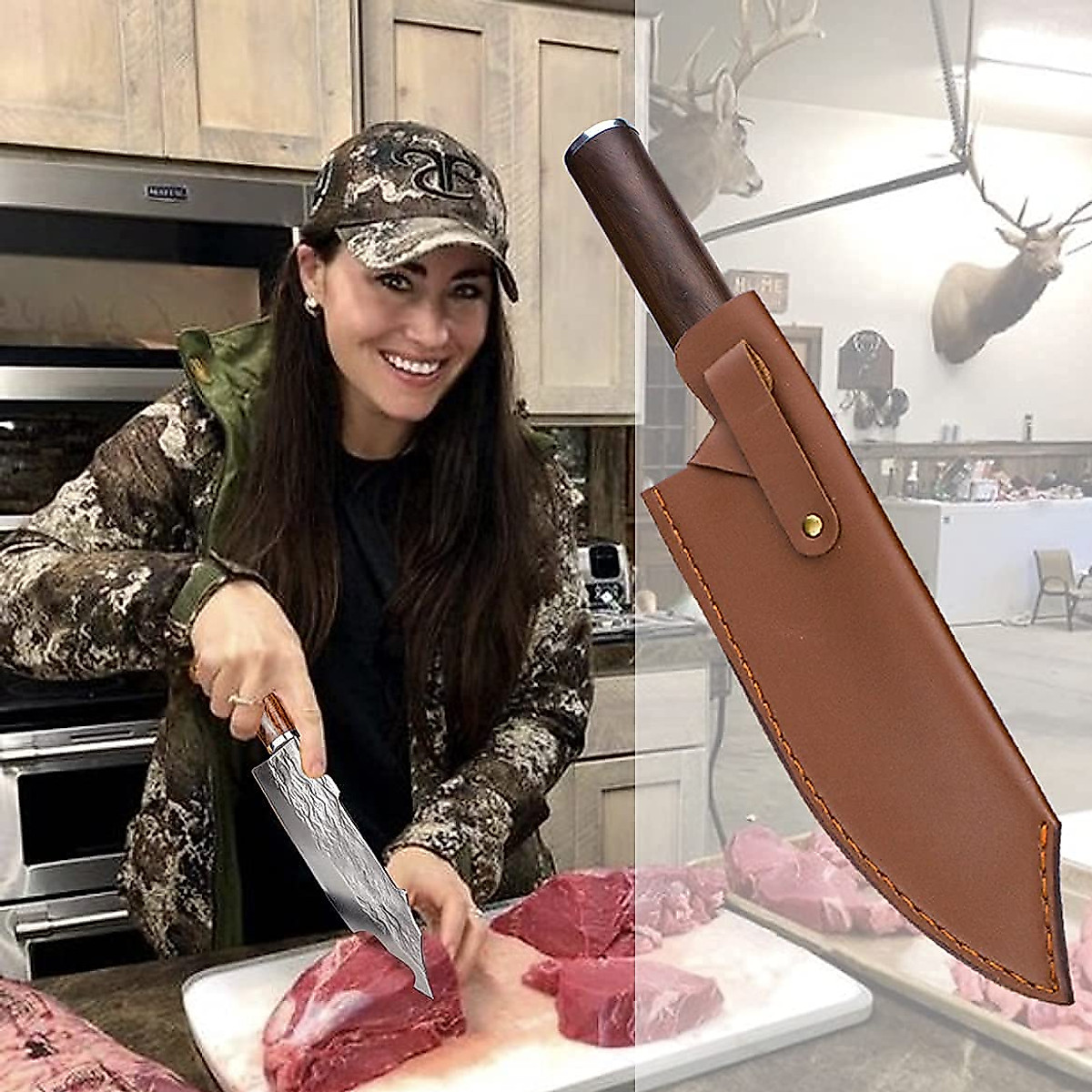 ZENG JIA DAO Heavy Duty Butcher Knife with Sheath High Carobon Steel Meat Cutting Cleaver for Slaughter - Outdoor Carry Hunting Knife