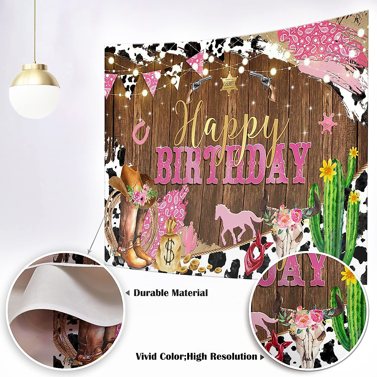 Mocsicka Western Cowgirl Birthday Backdrop Happy Birthday for Girl Party Decorations Banner Rustic West Rodeo Boot Country Birthday Photography Background Photo Booth Props(Pink, 7x5ft (82x60 inch))