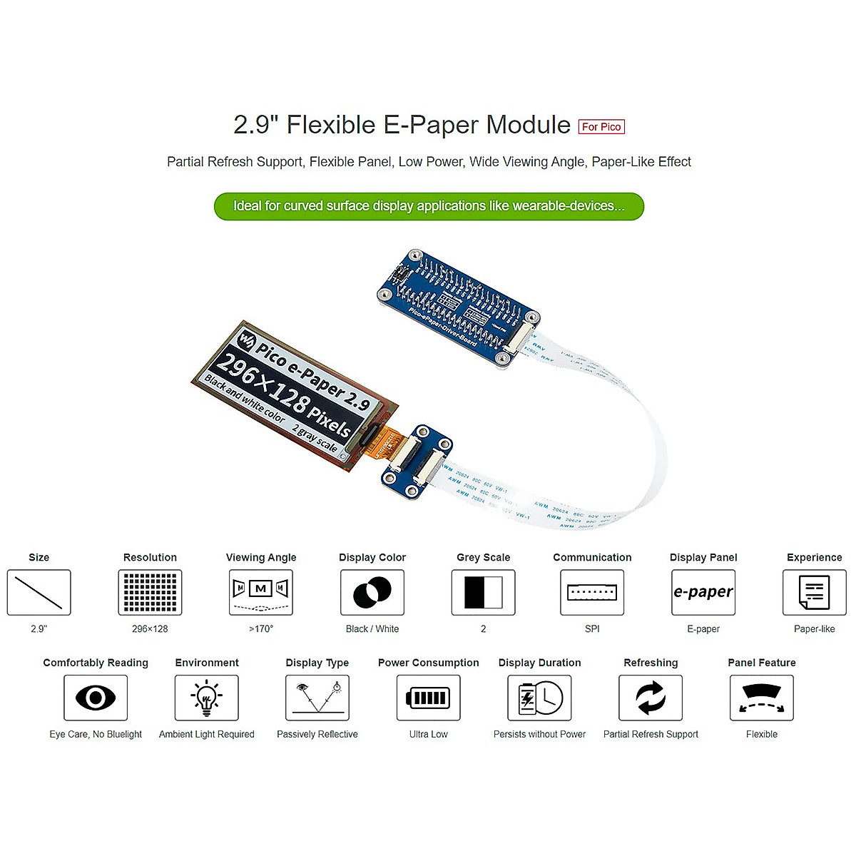 2.9inch Flexible E-Paper Display Module for Raspberry Pi Pico, 296×128 Resolution E-Ink Display Panel, Black/White Display Color, SPI Interface, Support Partial Refresh