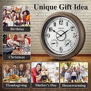 CLXEAST Illuminated Outdoor Clocks Waterproof 18 Inch with Smart Sensor,Large Outdoor Pool Clock with Temperature & Hygrometer,Wall Clock for Living Room Decor,Grey Oak/Faux Barnwood