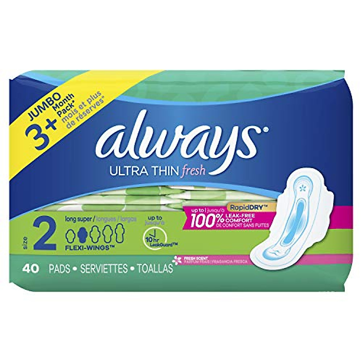 Always Ultra Thin Pads Size 2 Super Long Absorbency Scented with Wings, 40 Count, Packaging may vary