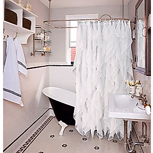 REISEN White Ruffle Shower Curtain Fabric/Cloth Farmhouse Bathroom Sheer Shower Curtain, 70in Long