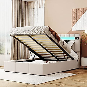 MOEO Upholstered Full Size Platform Bed with LED Light, Bluetooth Player and USB Charging, Hydraulic Storage, Velvet Fabric Bedframe for Kids, Adults, Bedroom, No Box Spring Required, Beige