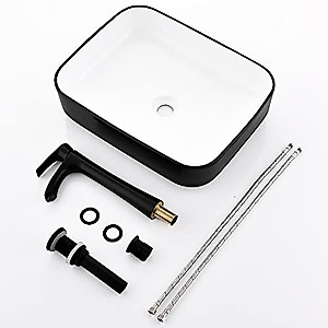 White and Black Bathroom Sink with Faucet and Drain Combo-Bokaiya 16x12 Rectangle Vessel Sink Above Counter Porcelain Ceramic Bathroom Sink Art Basin, Faucet and Pop Up Drain Combo