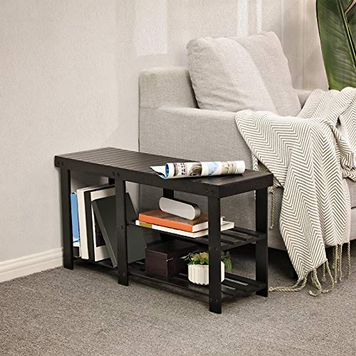 SONGMICS Bamboo Shoe Bench, Shoe Rack for Boots, Entryway Storage Organizer, 3-Tier Shoe Shelf, for Hallway, Bathroom, Living Room, Corridor, Black ULBS06BK