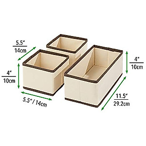 mDesign Fabric Dresser Drawer and Closet Storage Organizer Bin for Bedroom - Holds Lingerie, Bras, Socks, Leggings, Clothes, Purses, Scarves, Lido Collection, Set of 3 - Cream/Espresso Brown