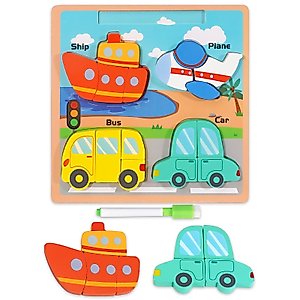 Wooden Puzzles for Toddlers 1-3, Educational Preschool Puzzle Toy, Each Set of Jigsaw Puzzles Contains 4 Patterns, Backside Can be Used as a Drawing Board