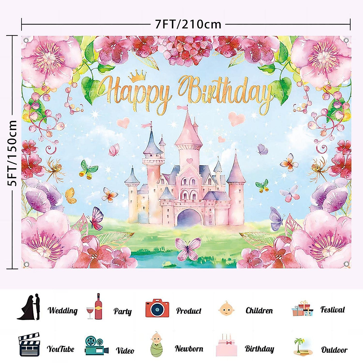 LDWLYW Princess Birthday Backdrop for Girls Happy Birthday Princess Castle Butterfly Backdrop Banner for Birthday Party Decorations Princess Theme Party Photo Backdrop Background Decor 7x5ft