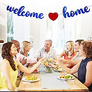 Welcome Home Banner Sign Party Decoration Blue Glitter Pre-Strung Banner for Military Army Homecoming Party Decorations, Family Theme Party Supplies
