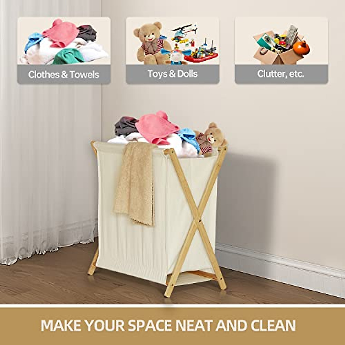 Bellglee Collapsible Bamboo Wood Laundry Hamper, Wooden X Frame Foldable Laundry Basket, Clothes Sorter Organizer with Linen Canvas Laundry Bag for Bedroom or Bathroom