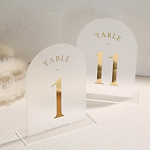 UNIQOOO Frosted Arch Wedding Table Numbers with Stands 1-15, Gold Foil Printed 5x7 Acrylic Signs and Holders, Perfect for Centerpiece, Reception, Decoration, Party, Anniversary, Event